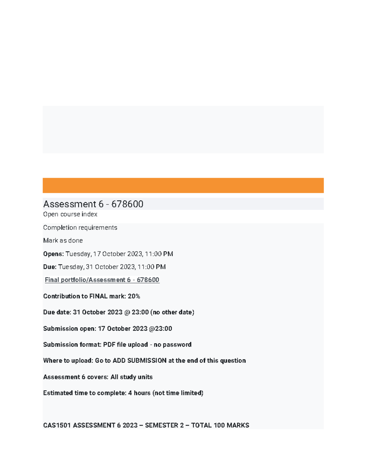 CAS1501 portfolio exam OCT2023 - Assessment 6 - 678600 Open course ...