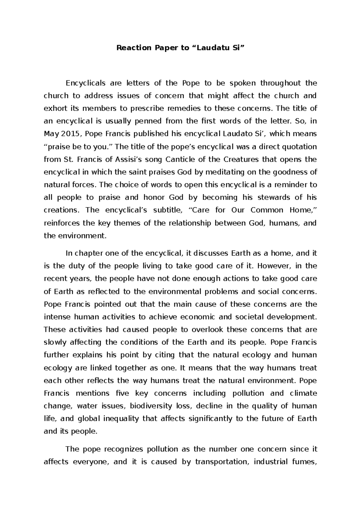 Reaction Paper to Laudatu Si - Reaction Paper to “Laudatu Si ...