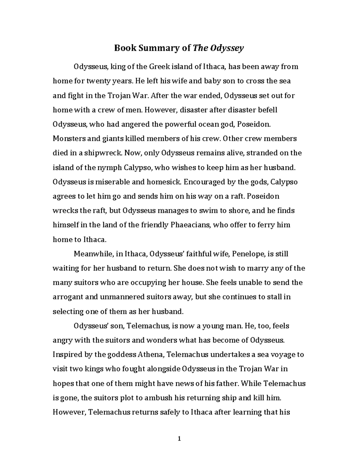 Book Summary of The Odyssey - 1 Book Summary of The Odyssey Odysseus ...