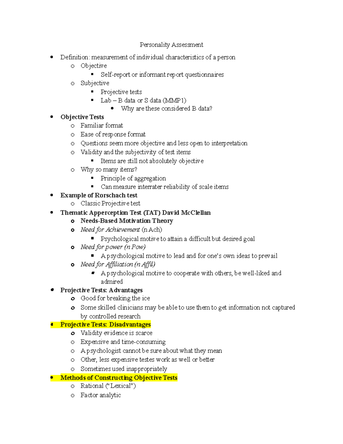 PSYC208-Ch3Notes - These notes go over different personality tests ...