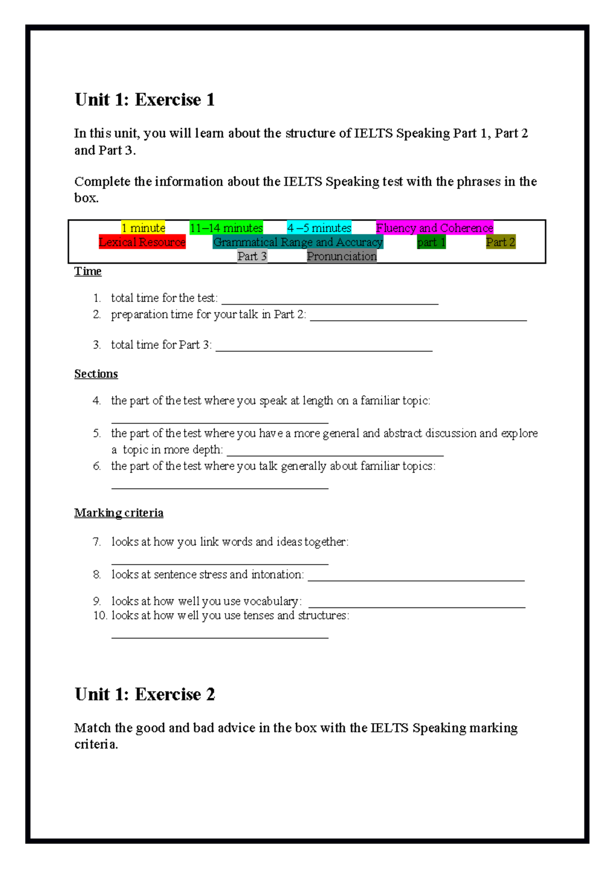 Unit 1 - Speaking - IELTS Writing - Unit 1: Exercise 1 In this unit ...