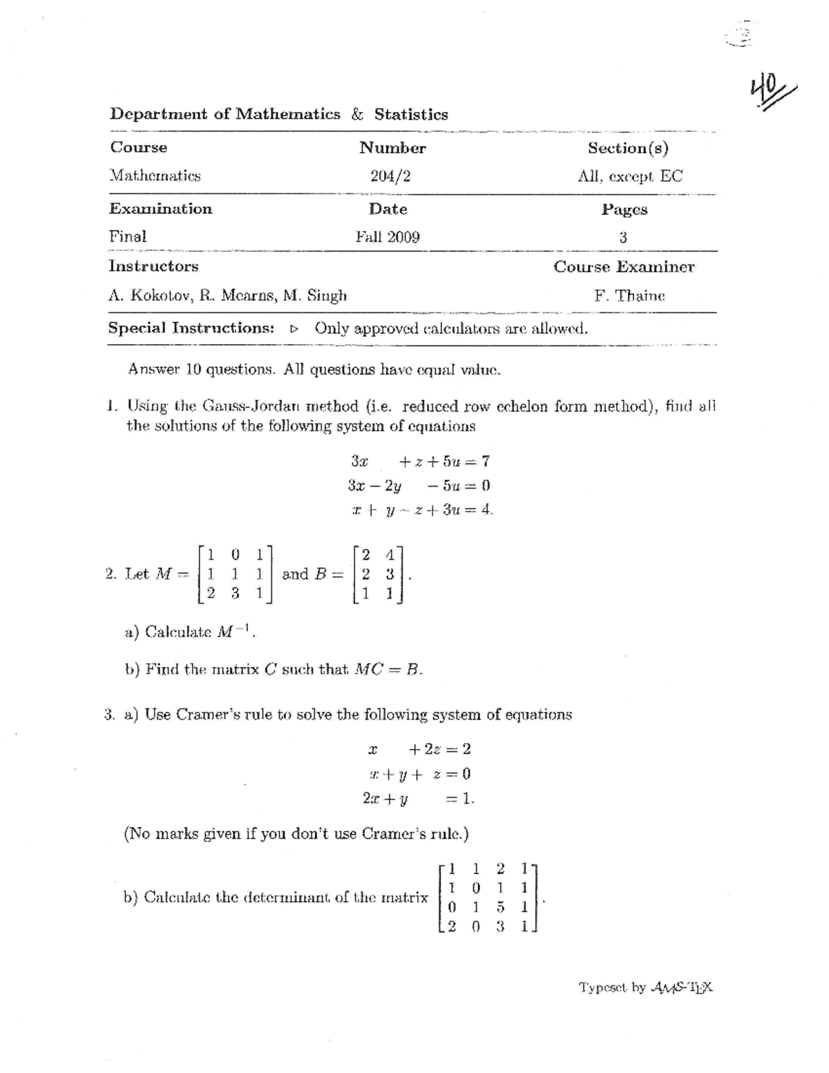 2009 Fall Final - Exam - MATH 204 - Studocu