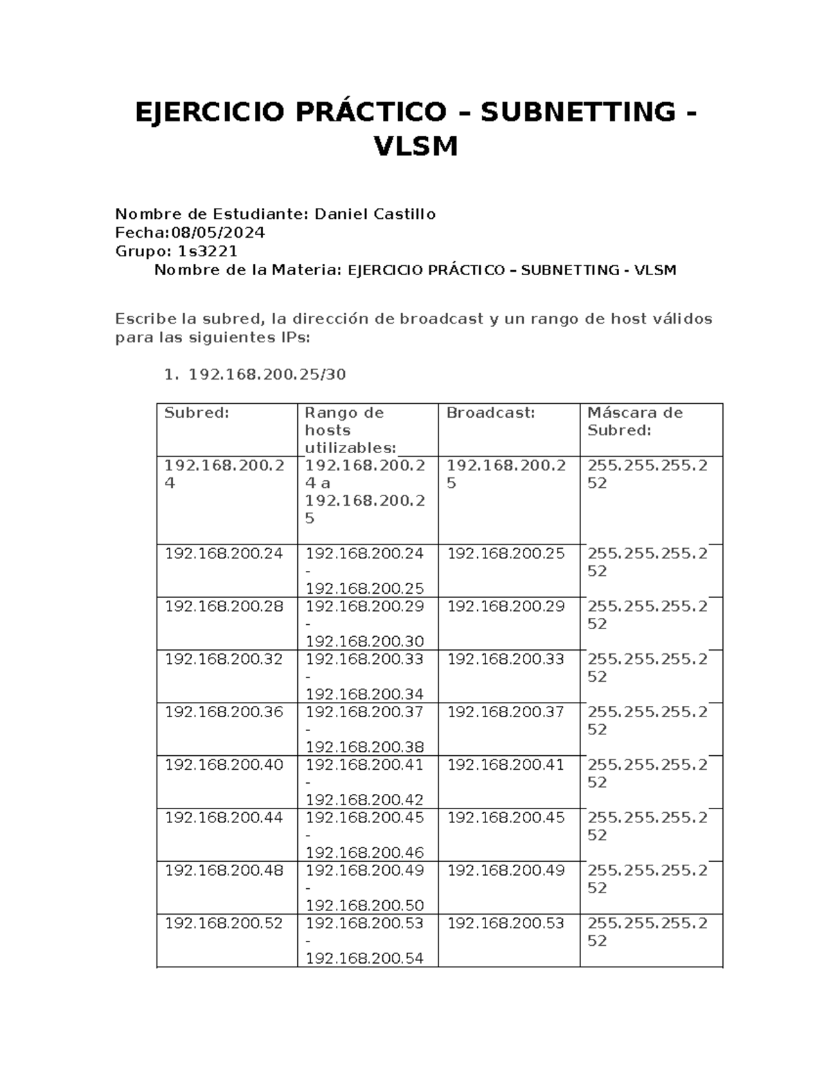 Prueba Subnetting - VLSM - EJERCICIO PRÁCTICO – SUBNETTING - VLSM Nombre de Estudiante: Daniel ...