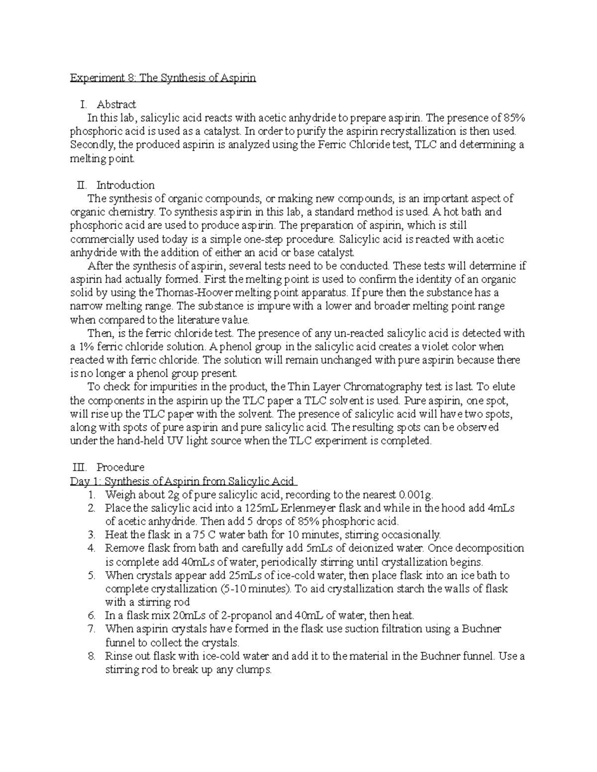 Synth aspir - chemistry for health studies labs - Experiment 8: The ...