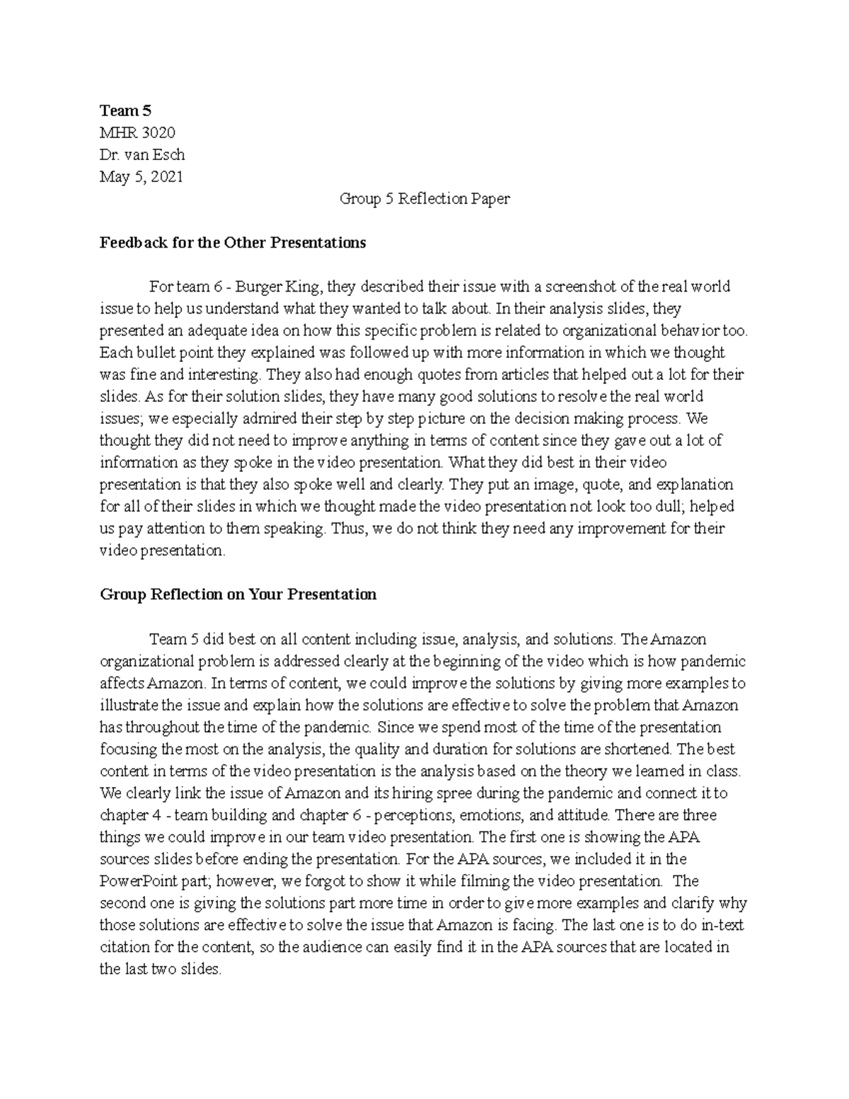 Group Reflection Paper - Team 5 MHR 3020 Dr. van Esch May 5, 2021 Group ...