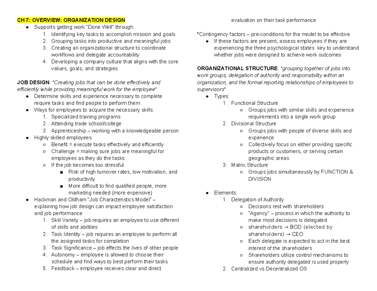 CH7 Study Guide - CH 7: OVERVIEW: ORGANIZATION DESIGN Supports getting ...