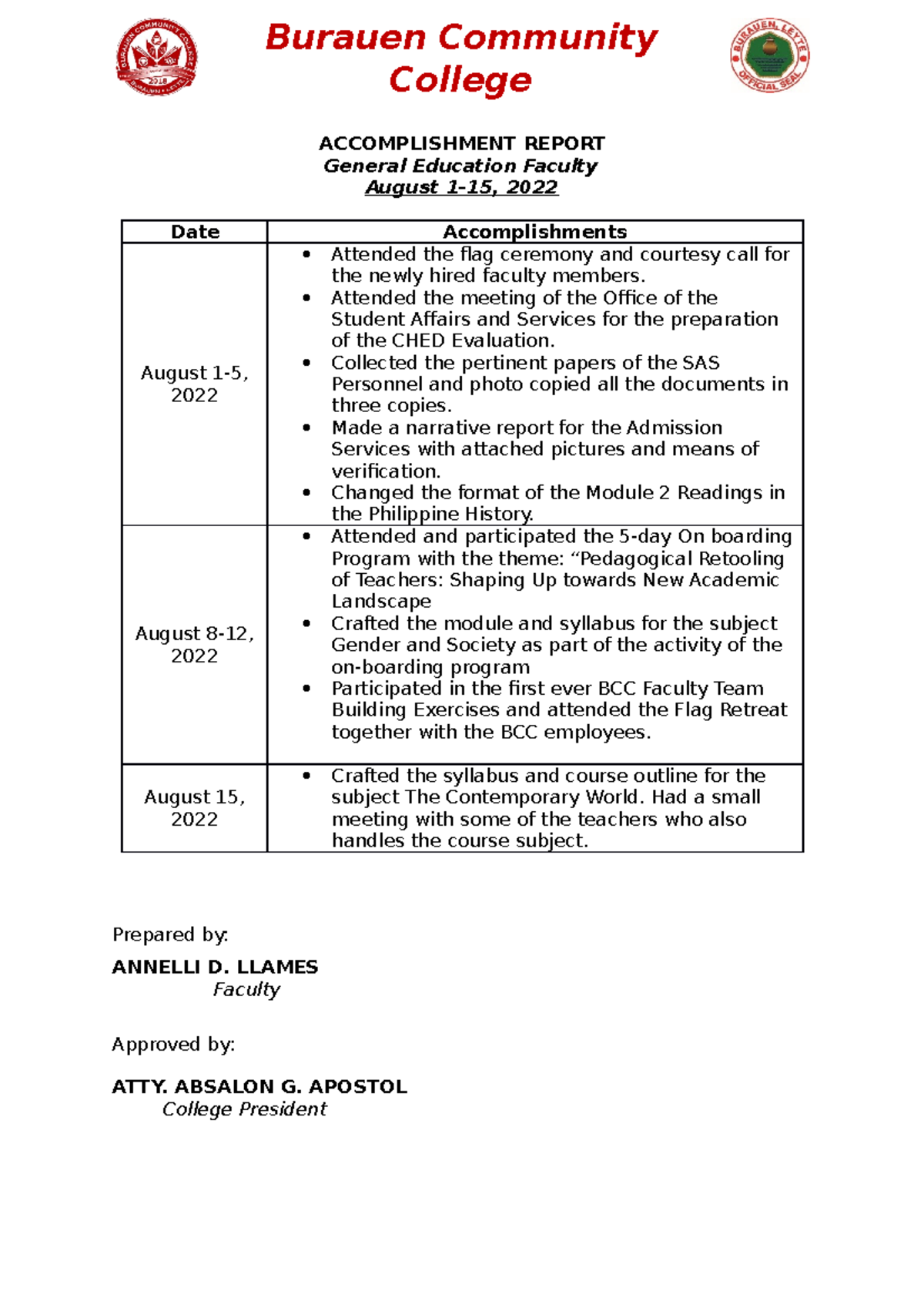 Accomplishment-Report Llames - ACCOMPLISHMENT REPORT General Education ...