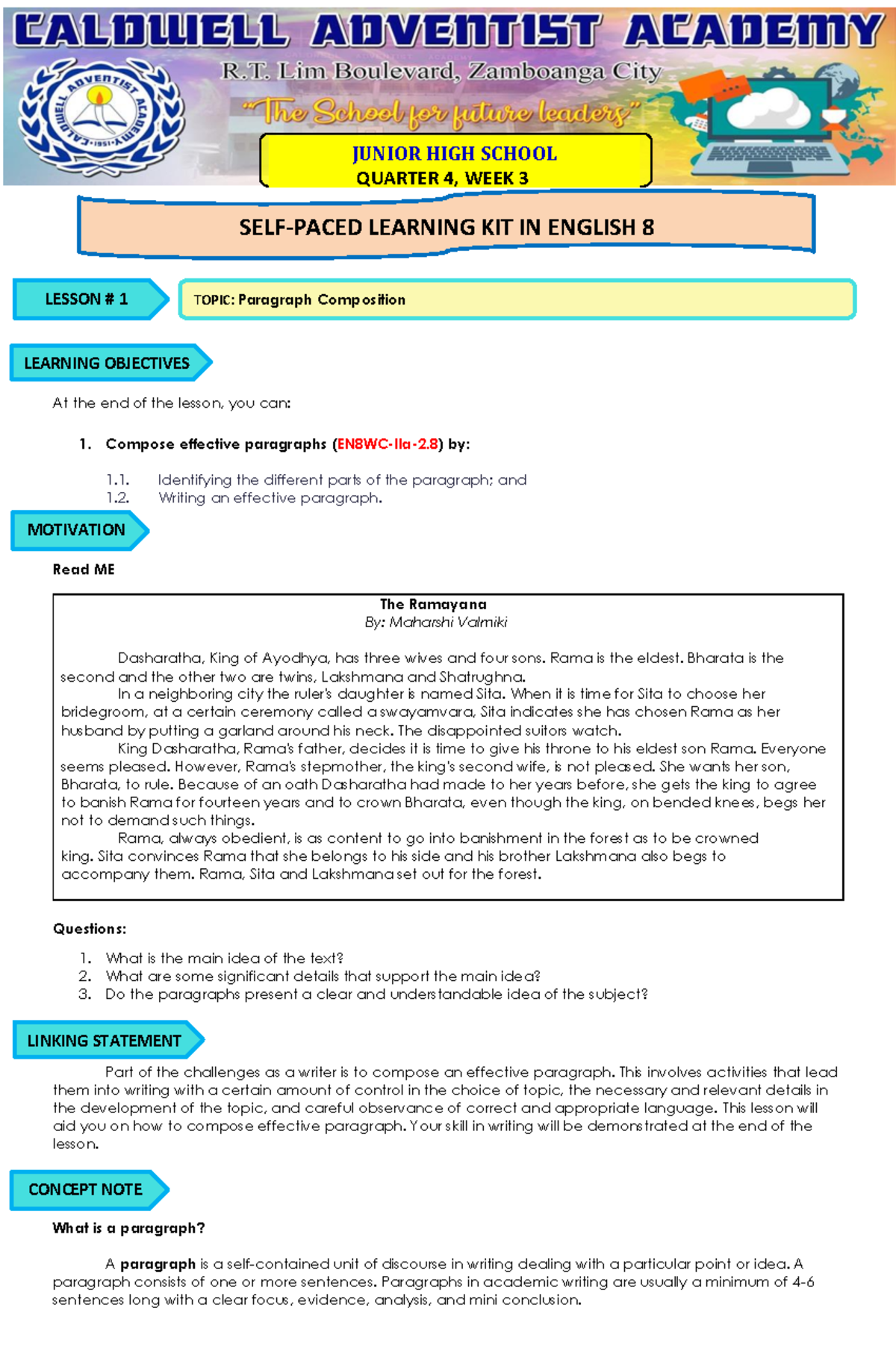 English 8 - Paragraph Composition - JUNIOR HIGH SCHOOL QUARTER 4, WEEK ...