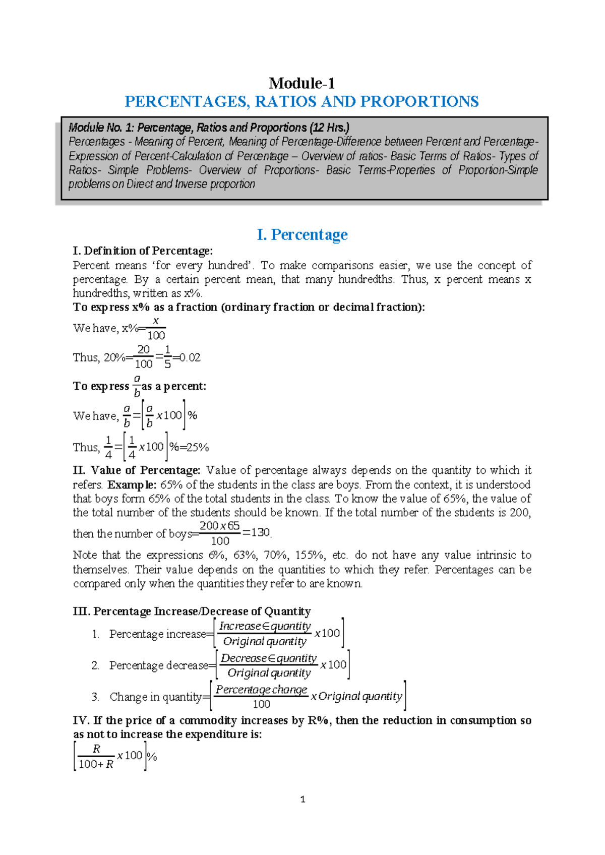 Module-1- Percentages, Ratios AND Proportions - Module- PERCENTAGES ...