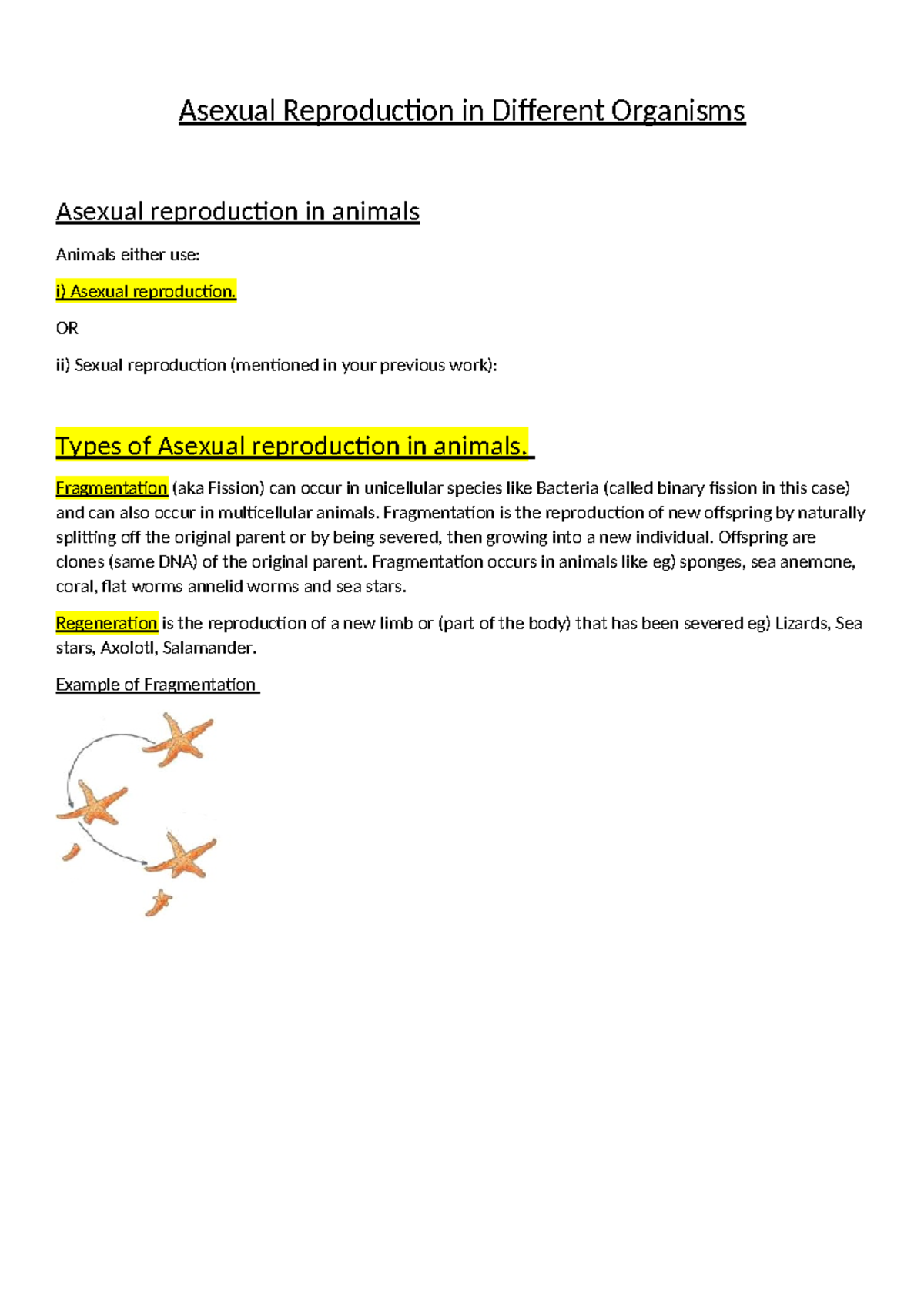 Asexual Reproduction in Different Organisms - OR ii) Sexual ...