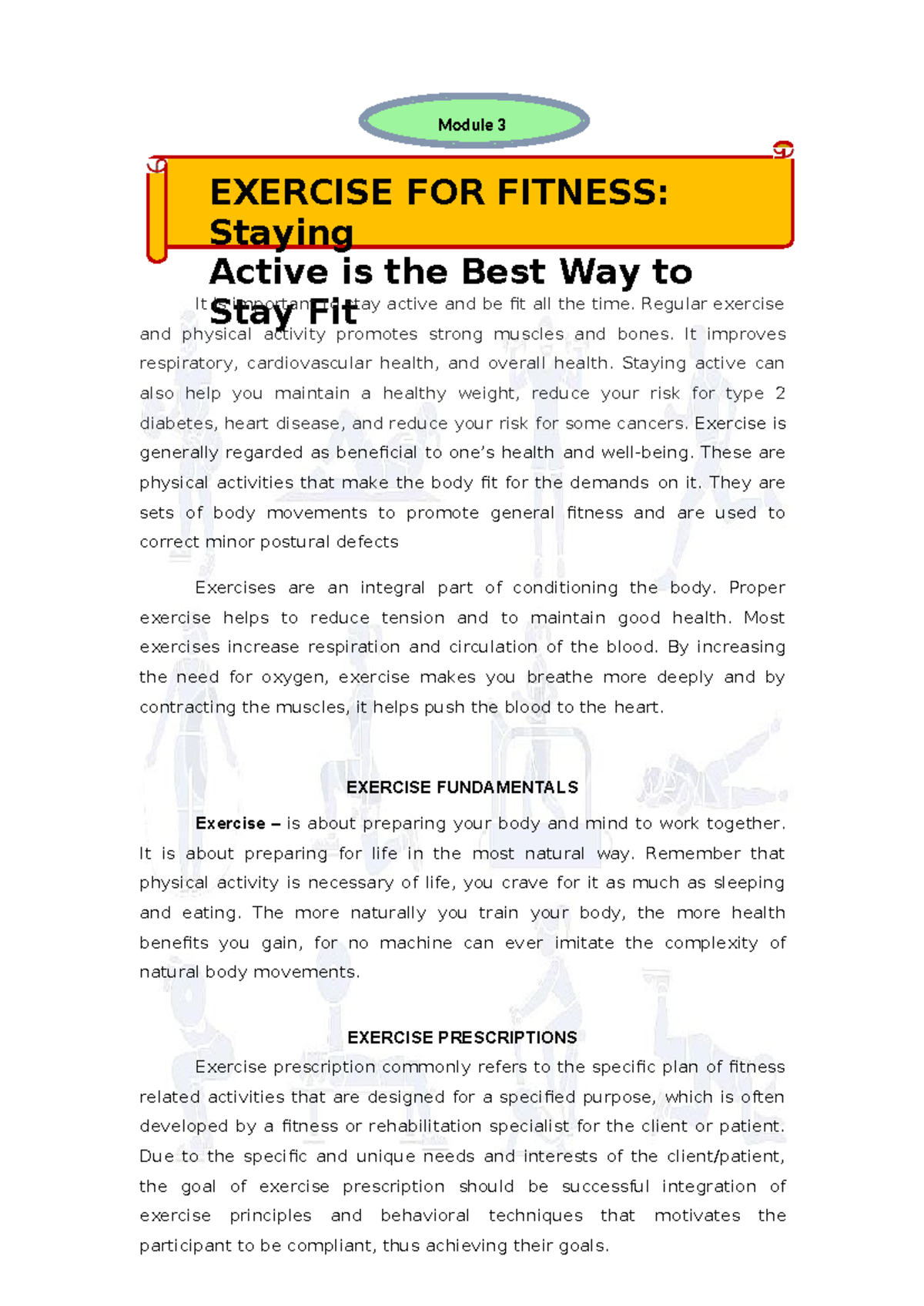 FITT Module 3 1 - docx - Module 3 EXERCISE FOR FITNESS: Staying Active is the Best Way to Stay ...
