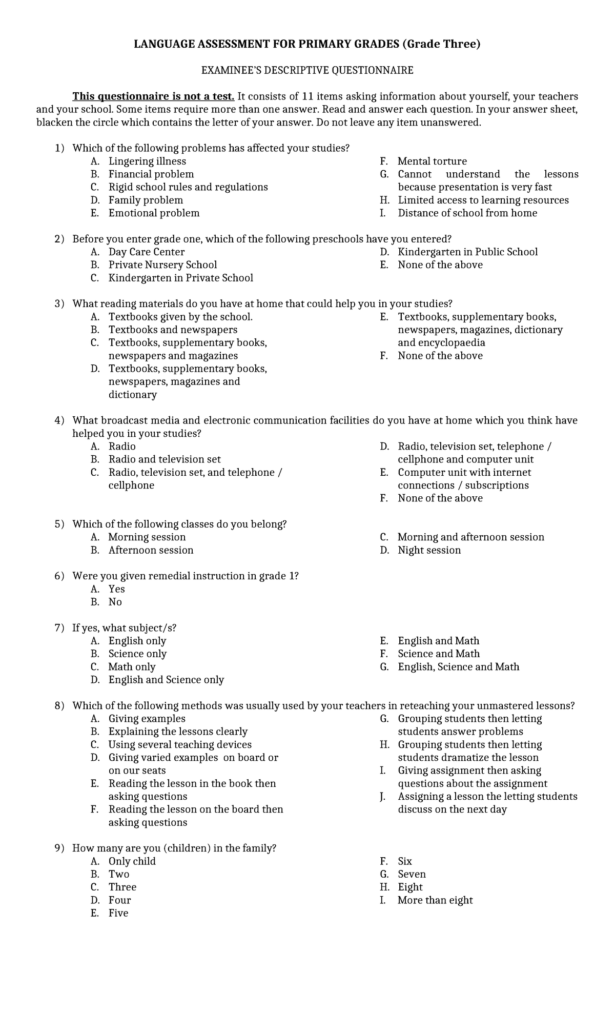 Grade 3 LAPG Examinees Descriptive Questionnaire - LANGUAGE ASSESSMENT ...