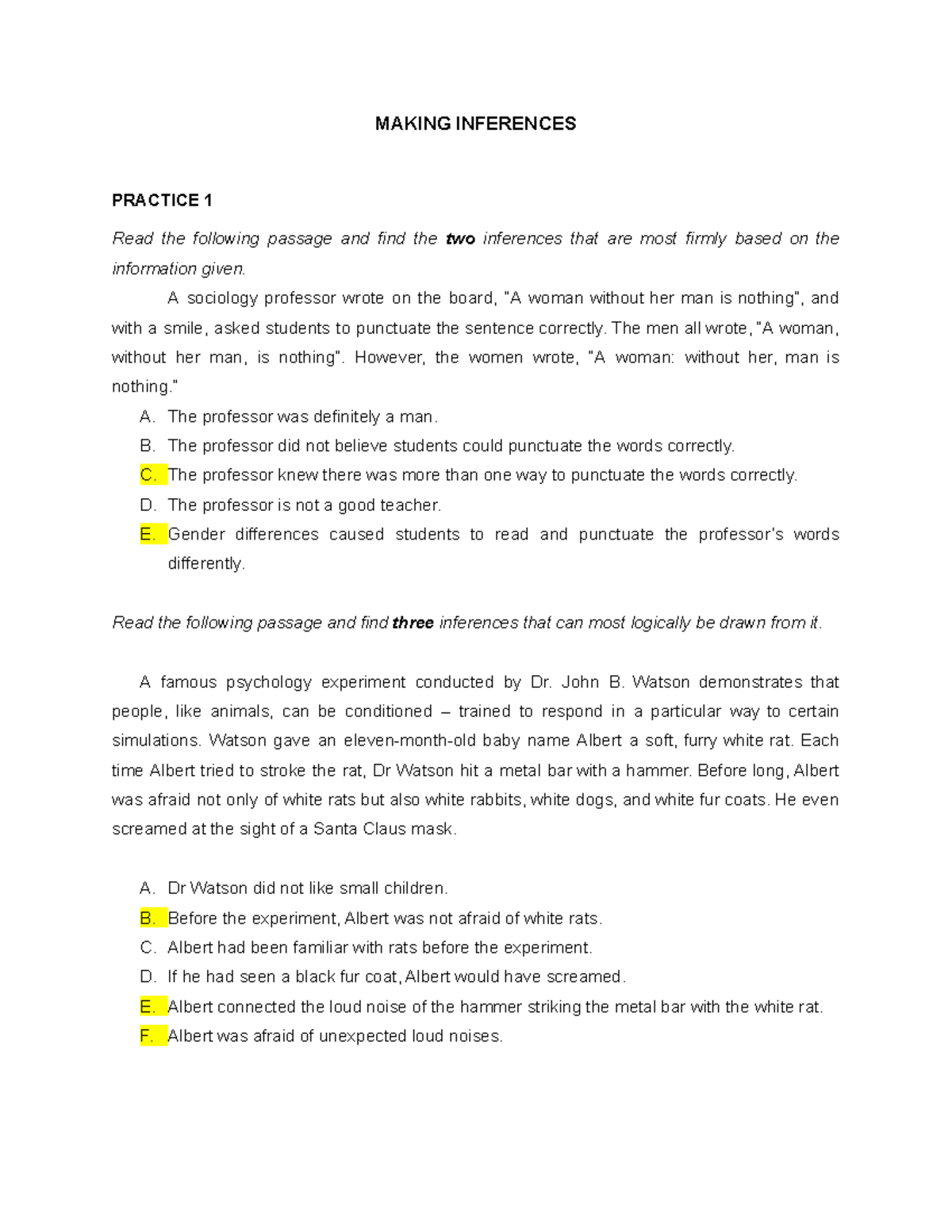 Making Inferences AND Drawing Conclusionsexercises - MAKING INFERENCES ...