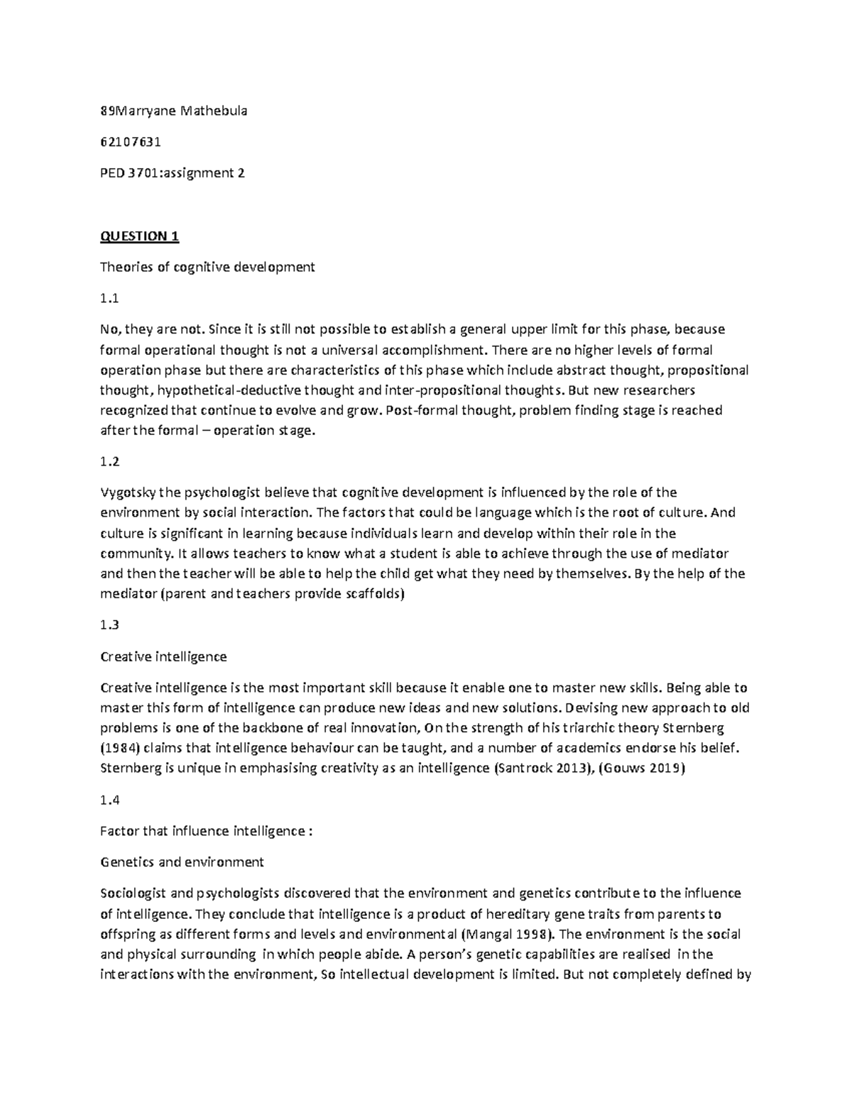 PED 3701 assignment 2 - 89Marryane Mathebula 62107631 PED 3701:assignment 2 QUESTION 1 Theories ...