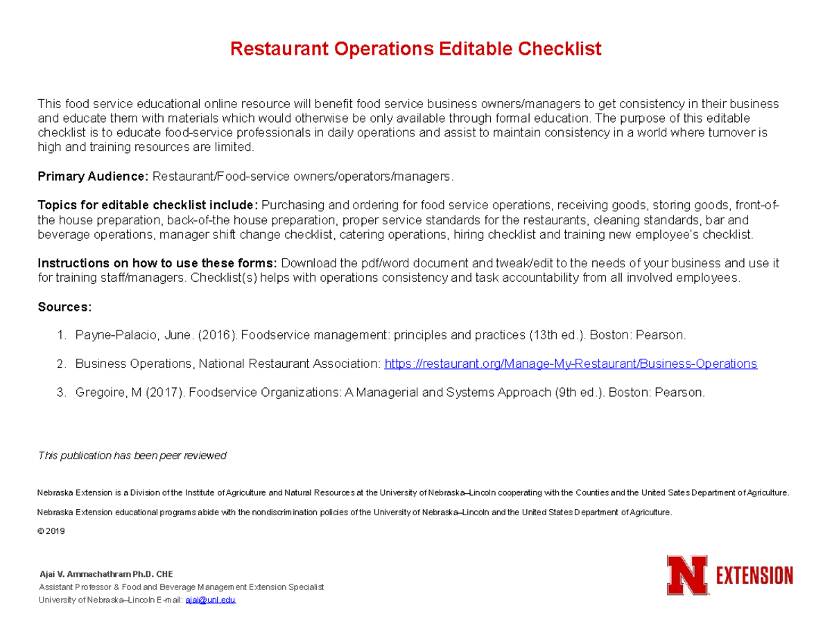 Restaurant Operations Editable Checklist - This food service ...
