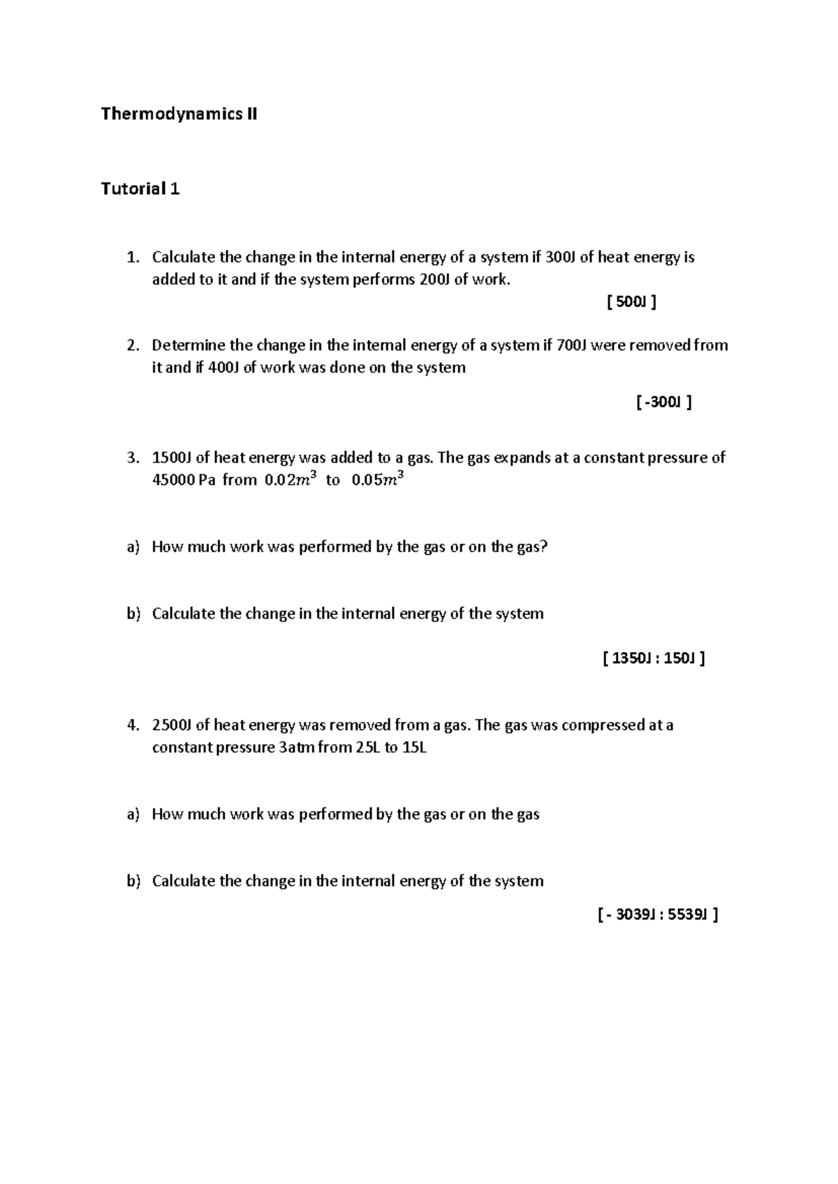 Thermodynamics II Tutorial 1 - Thermodynamics II Tutorial 1 Calculate ...