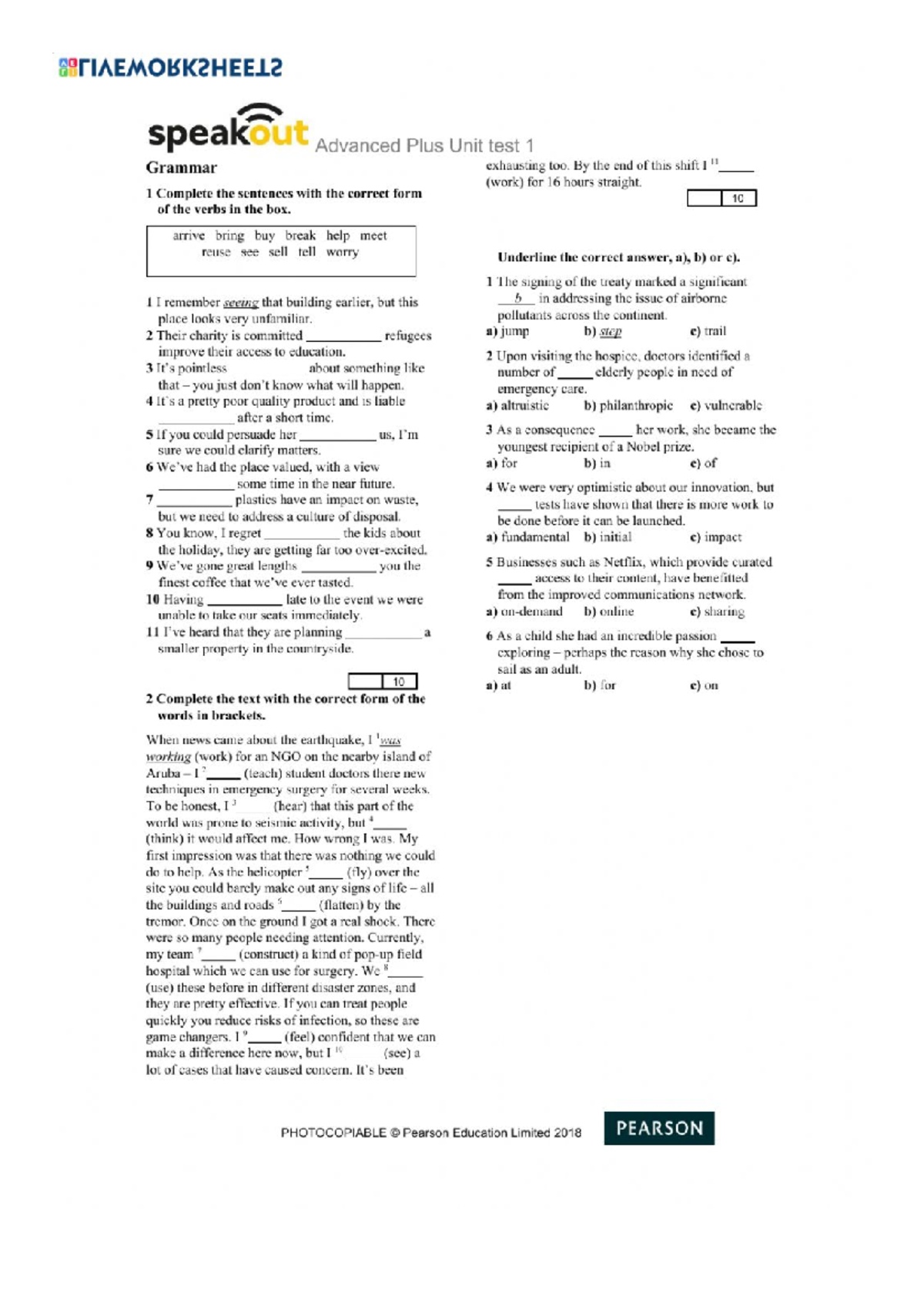 Document - sddsd - speakout Advanced Plus Unit test 1 Grammar ...