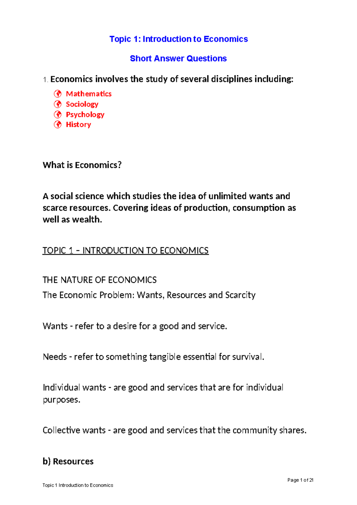 1. Topic 1 Intro to Economics Workbook - Topic 1: Introduction to ...