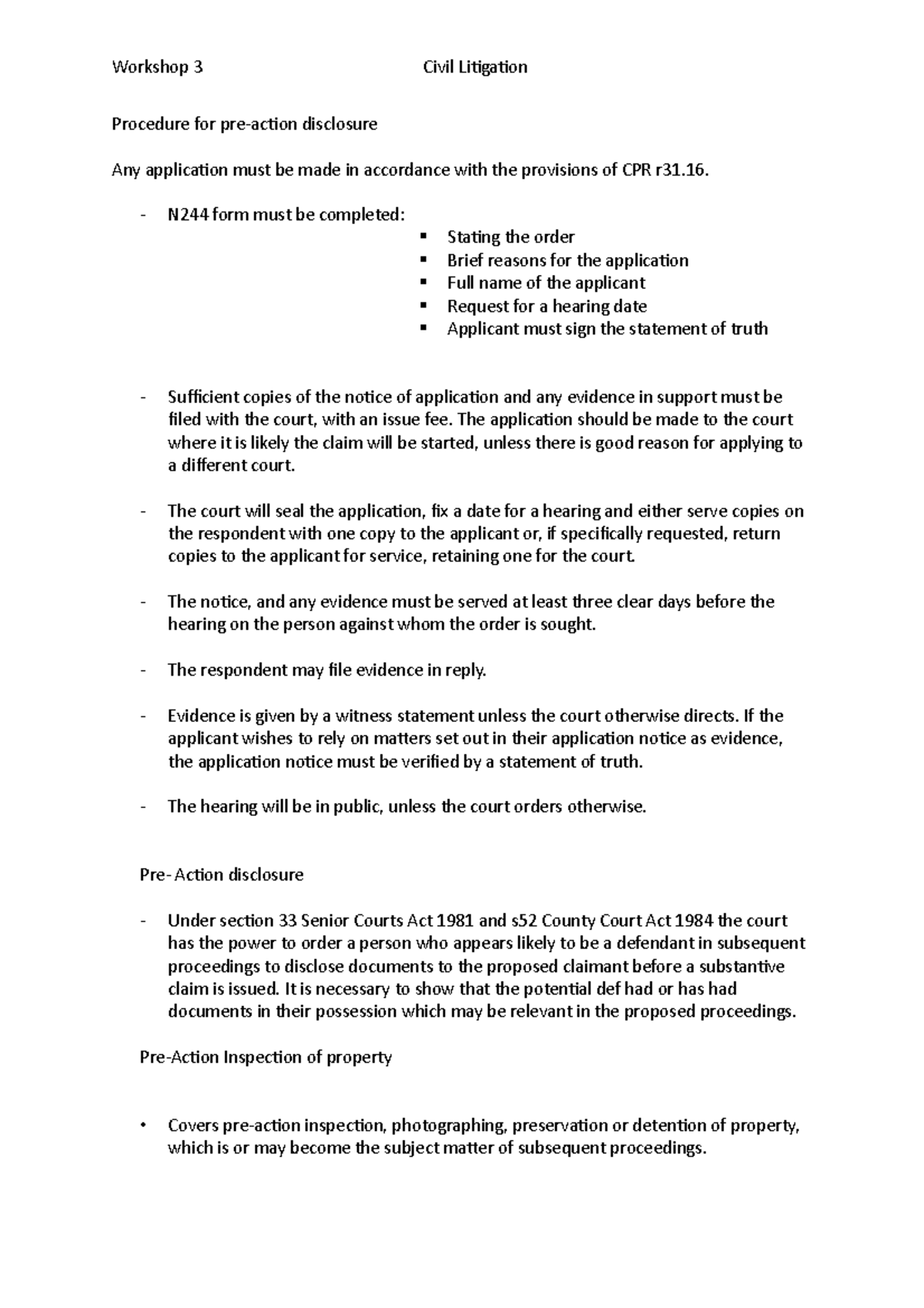 Civil Litigation W3 Notes - Workshop 3 Civil Litigation Procedure for ...