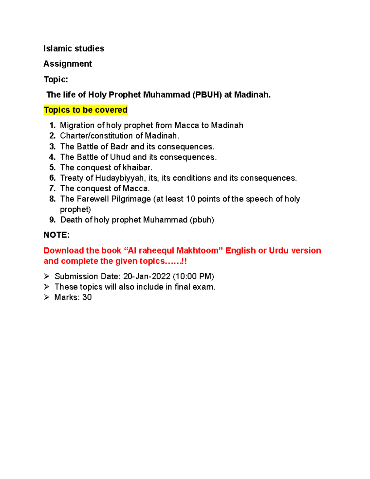 (Assignment)The life of holy prophet at madina - Islamic studies ...