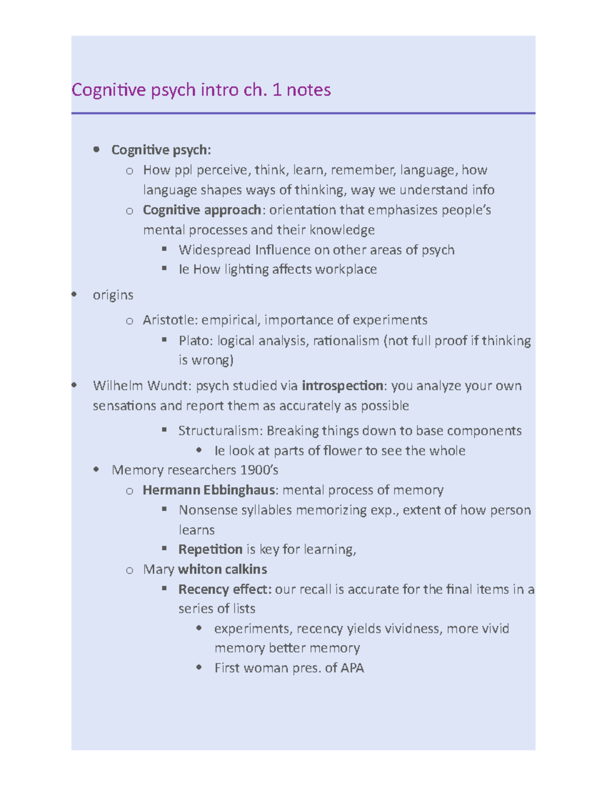 Cognitive Psychology Introduction Chapter 1 Notes - Studocu