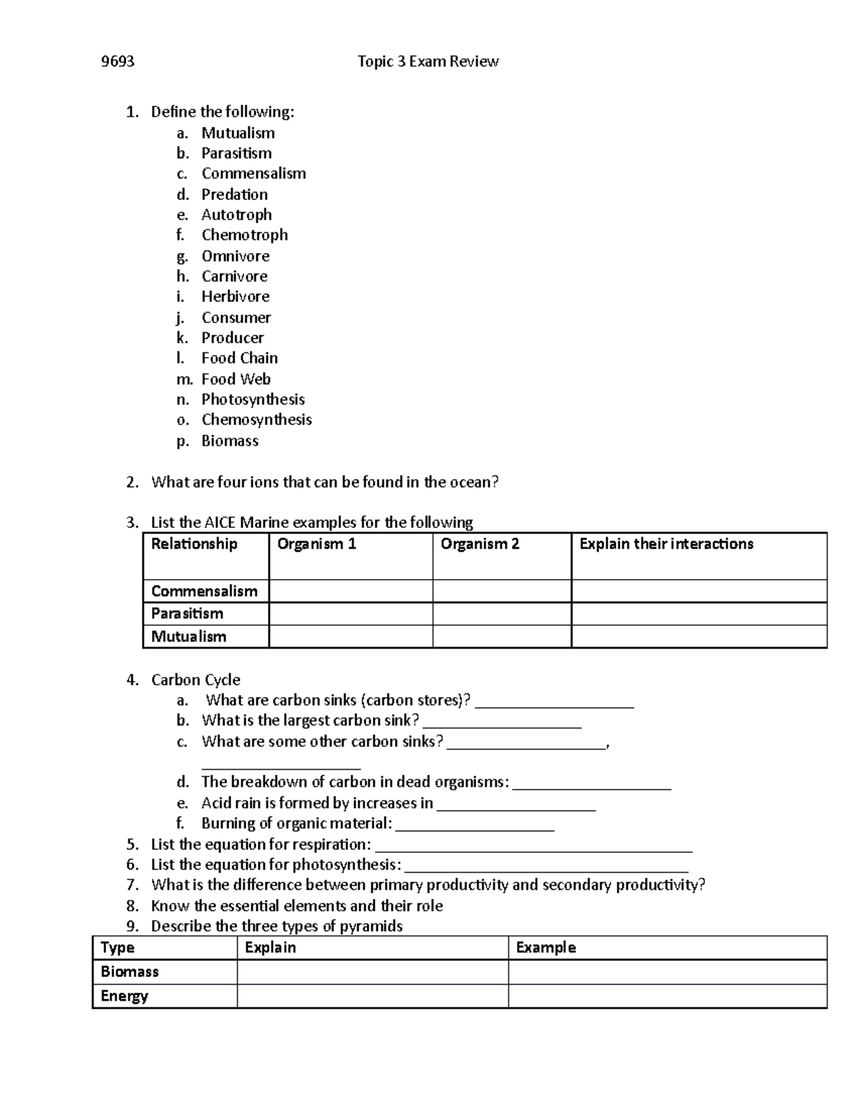 9693 Topic 3 Review Biology 9693 Topic 3 Exam Review Define The Following A Mutualism B