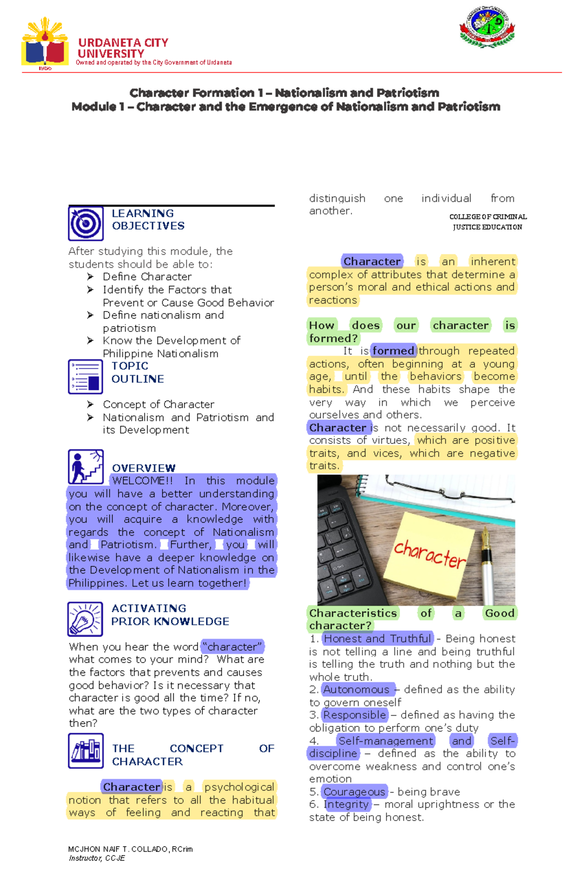 CFLM 1 – Nationalism and Patriotism Module 1 - MCJHON NAIF T. COLLADO, RCrim URDANETA CITY - Studocu
