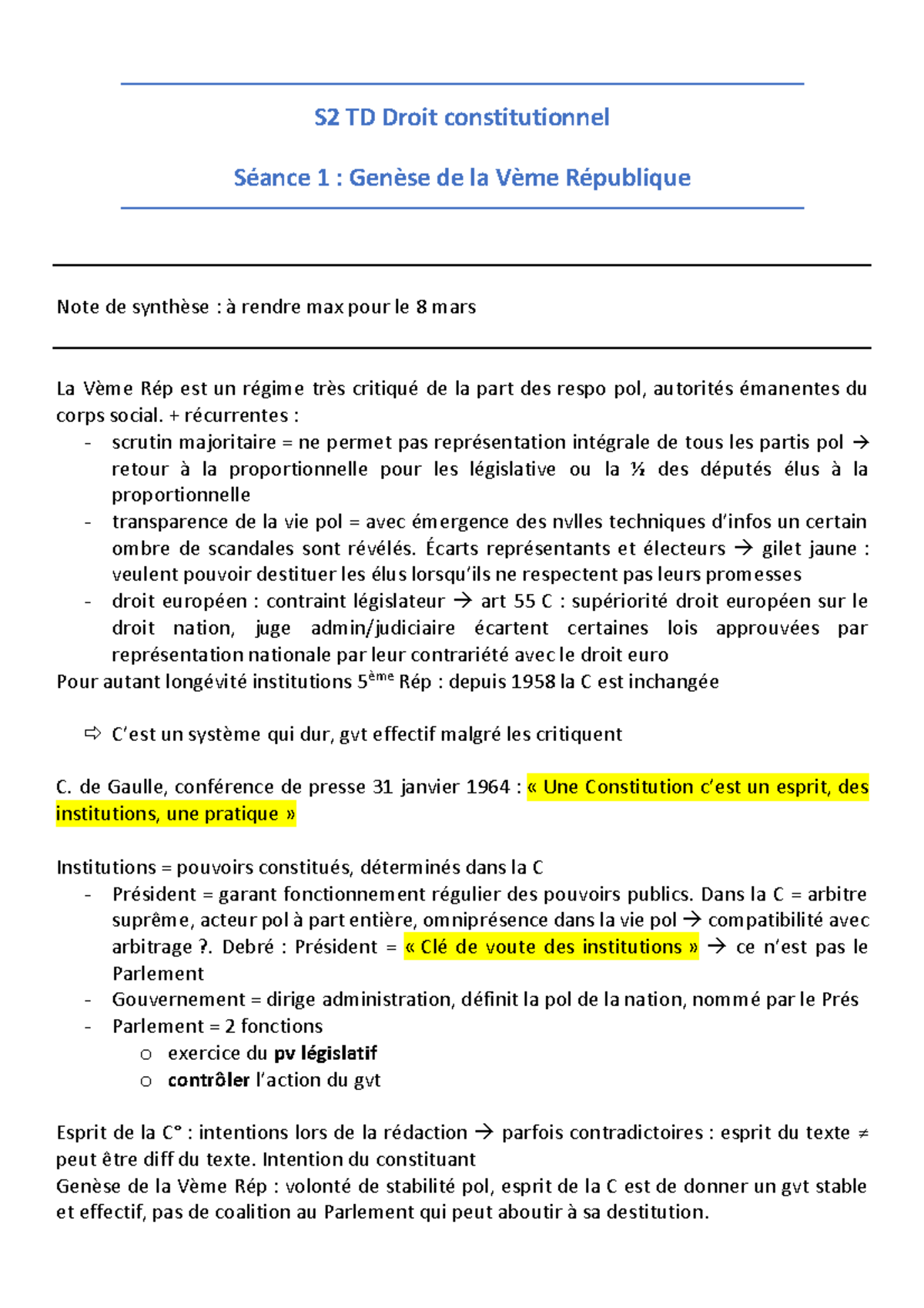 TD Droit constit S2 - S2 TD Droit constitutionnel Séance 1 : Genèse de la Vème République Note ...