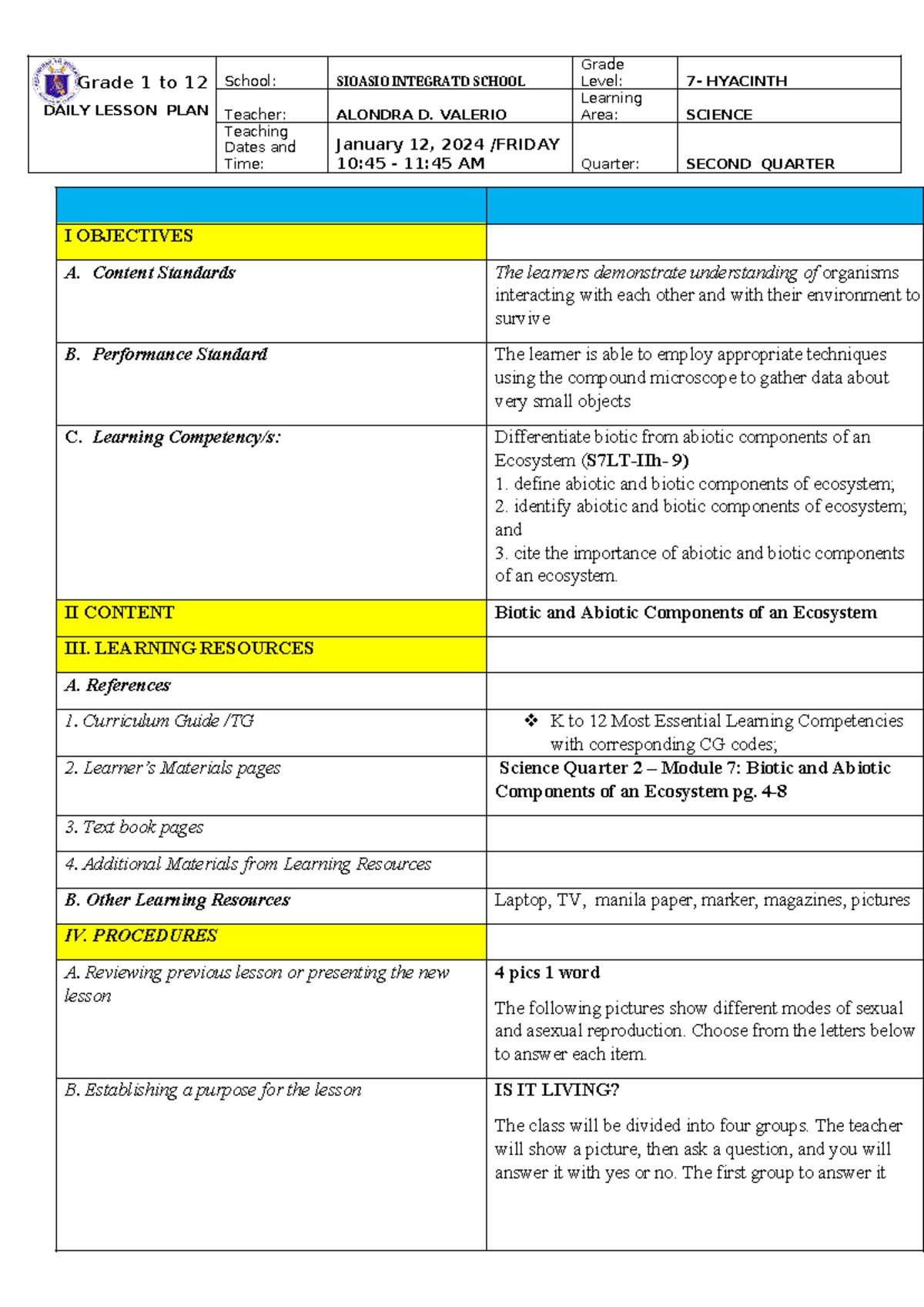 Grade 7 Science COT2 - Grade 1 to 12 DAILY LESSON PLAN School: SIOASIO ...