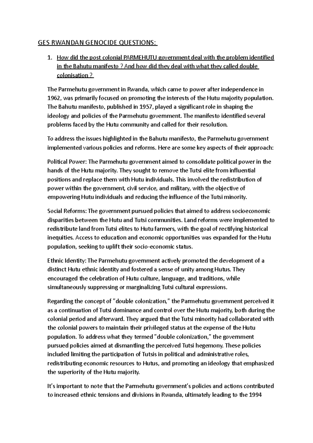 GES Rwandan Genocide Questions - GES RWANDAN GENOCIDE QUESTIONS: How ...