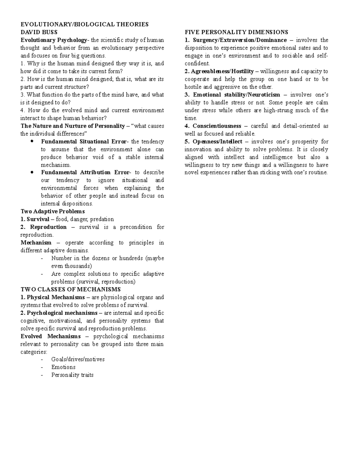 TOP- Reviewer - EVOLUTIONARY/BIOLOGICAL THEORIES DAVID BUSS ...