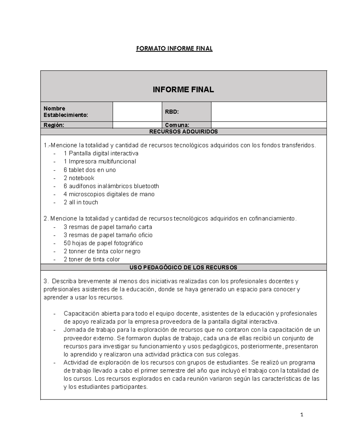 Informe Final Ejemplo de llenado - FORMATO INFORME FINAL INFORME FINAL Nombre Establecimiento ...