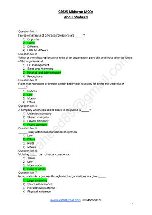 CS625 Professional Practices Mid Term Highlighted Handouts (Week 1-8) - CS625 PROFESSIONAL ...