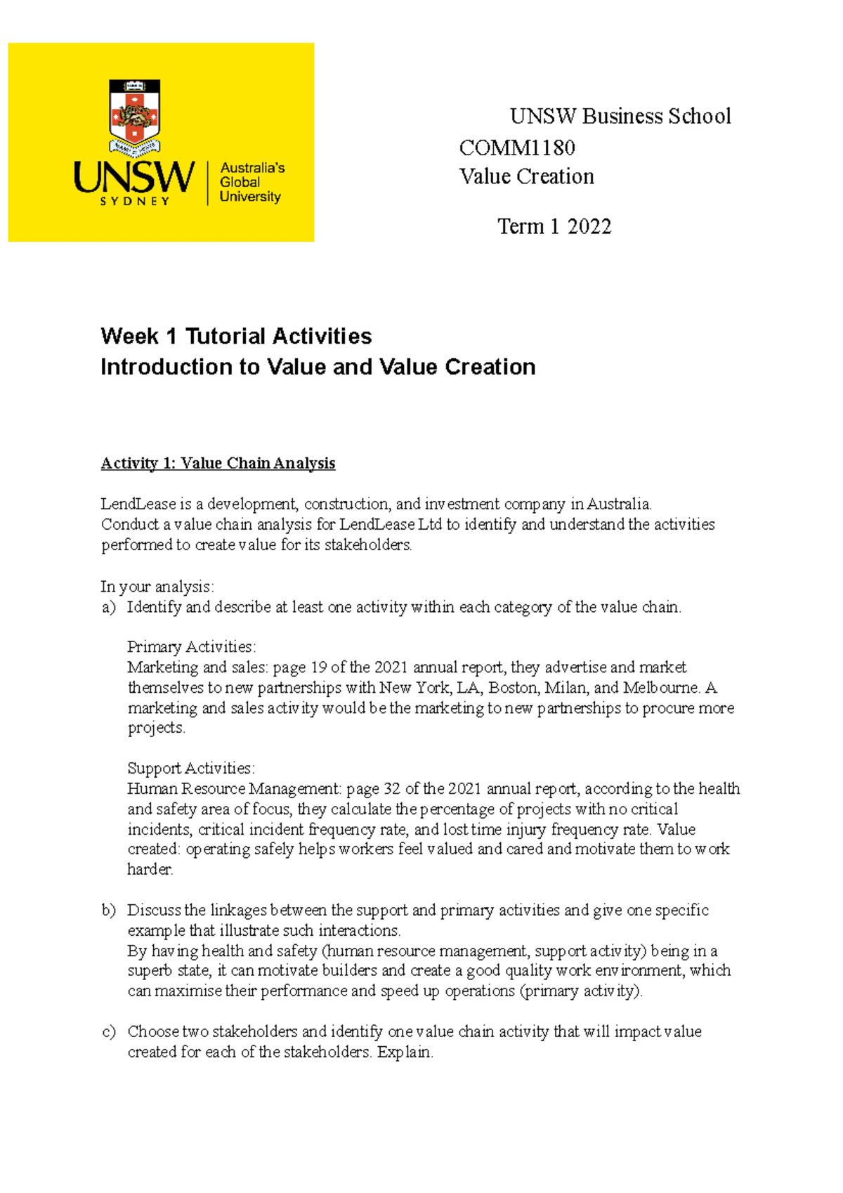 Week 1 Tutorial - UNSW Business School COMM Value Creation Term 1 2022 Week 1 Tutorial ...