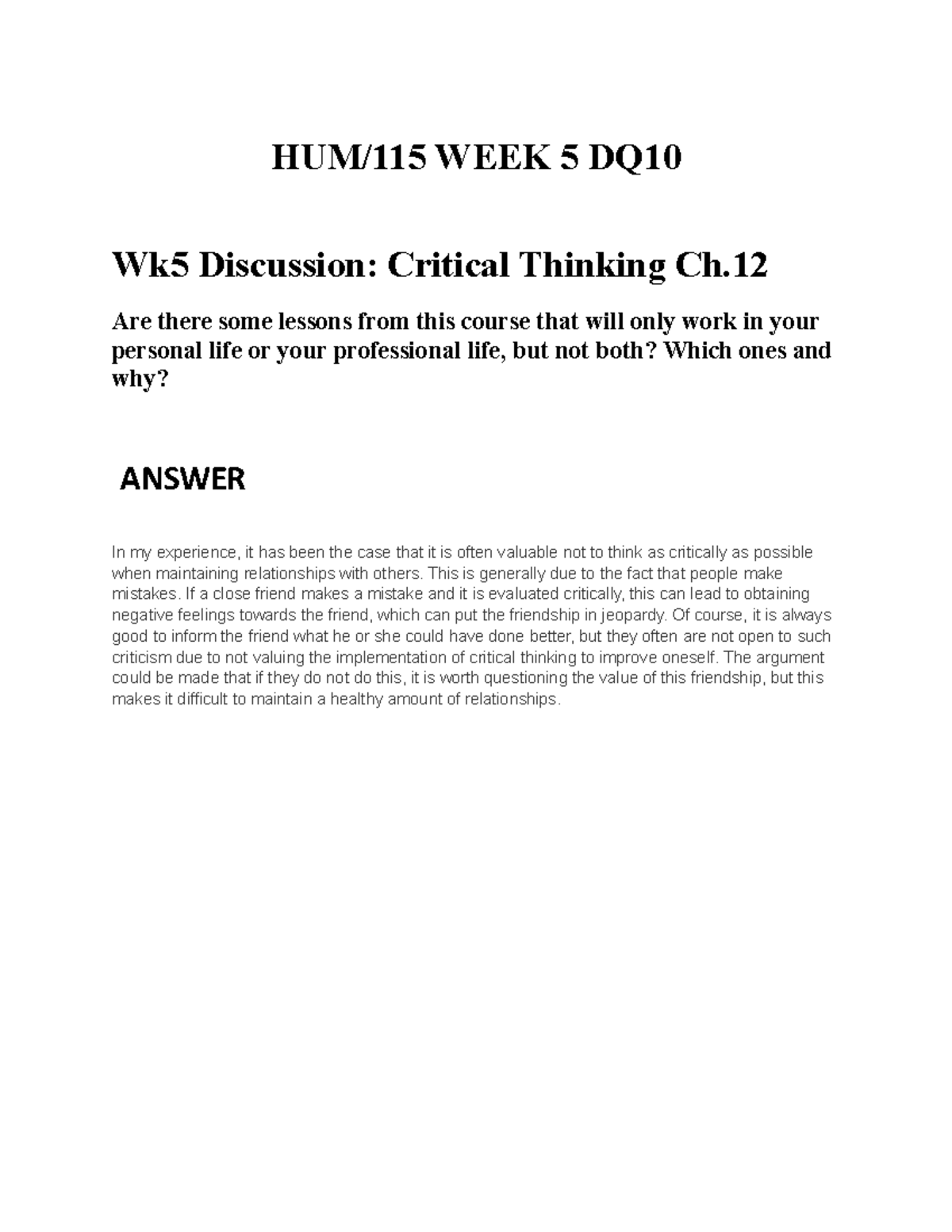 HUM115 DQ10 WEEK5 - Class discussion questions for participation points ...
