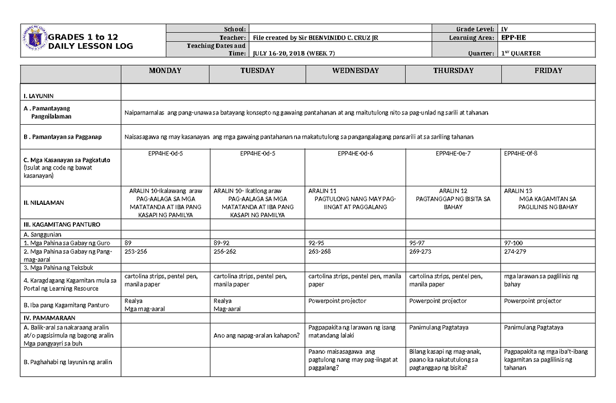 DLL EPP-H.E. 4 Q1 W7 - GRADES 1 to 12 DAILY LESSON LOG School: Grade ...