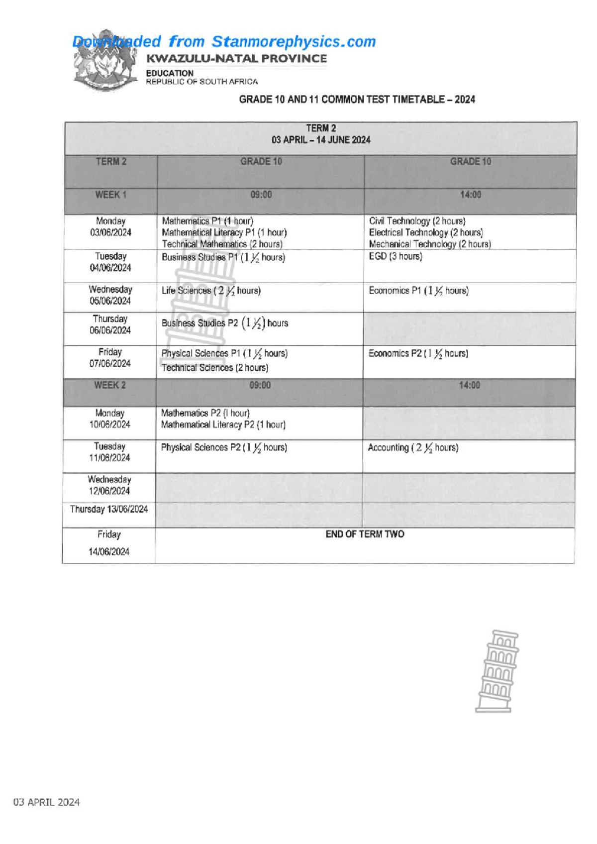 KZN Amended Grade 10 to 12 Common Test timetable 2024 - Studocu