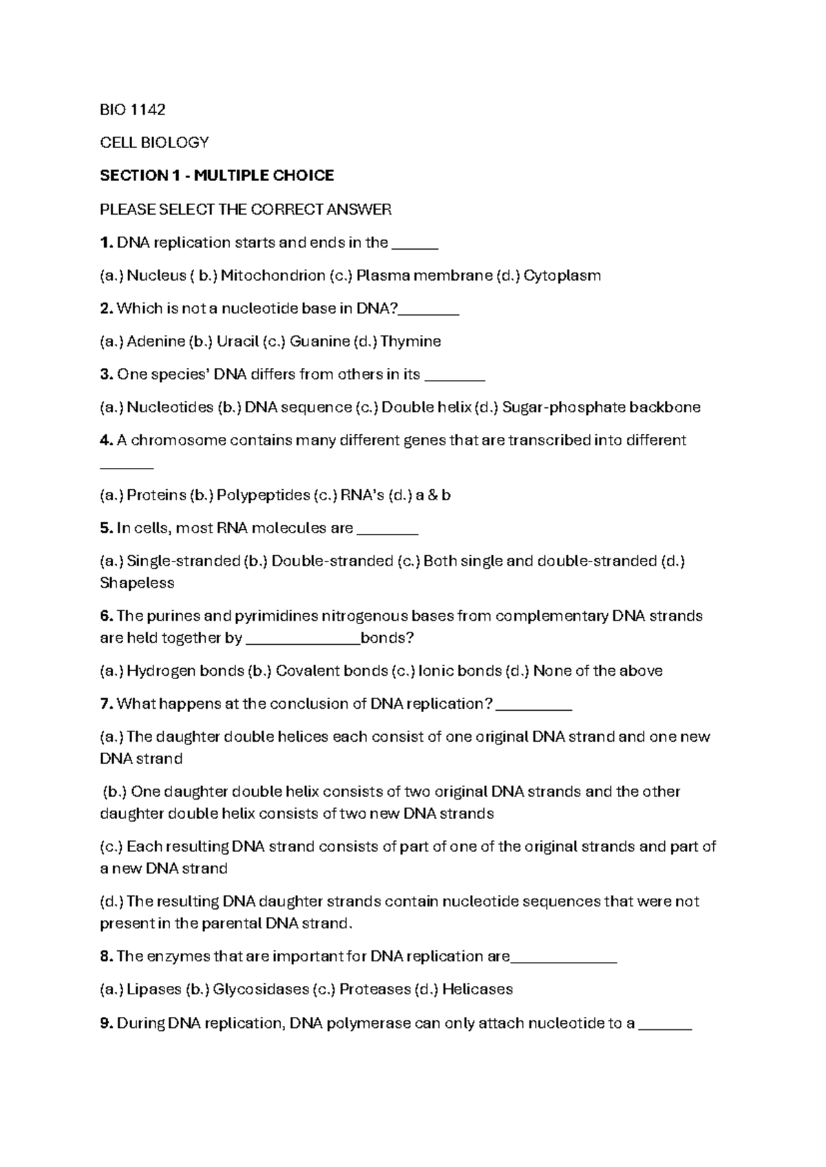 BIO 1142 Magwede Tutorials - BIO 1142 CELL BIOLOGY SECTION 1 - MULTIPLE ...