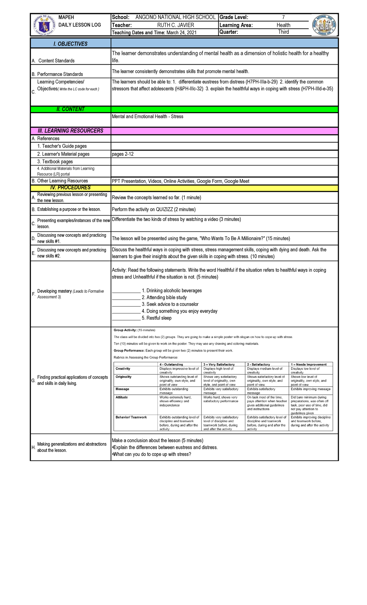 Health 7 Q3 - Practice materials in MAPEH - School: Grade Level ...