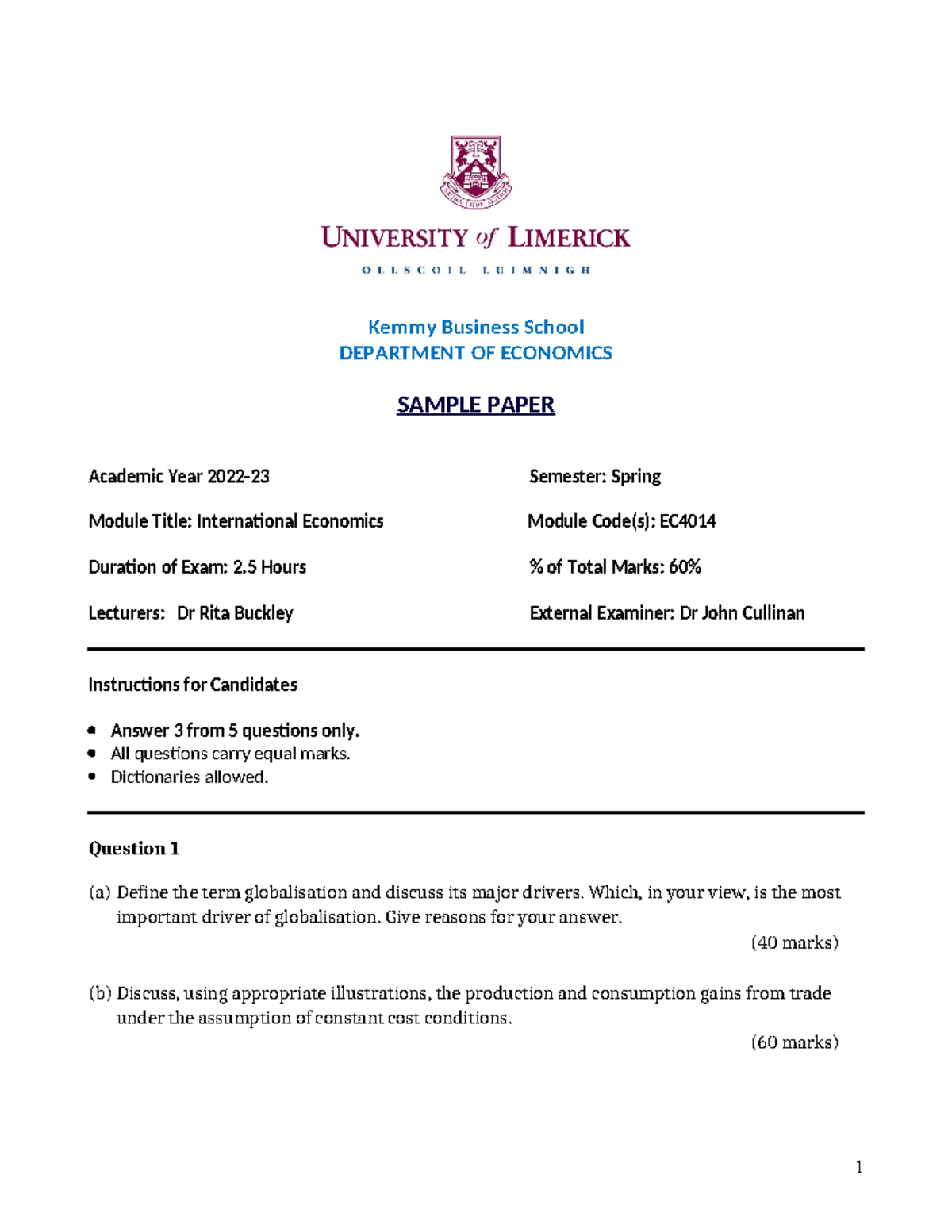EC4014 Sample Exam Paper - Kemmy Business School DEPARTMENT OF ...