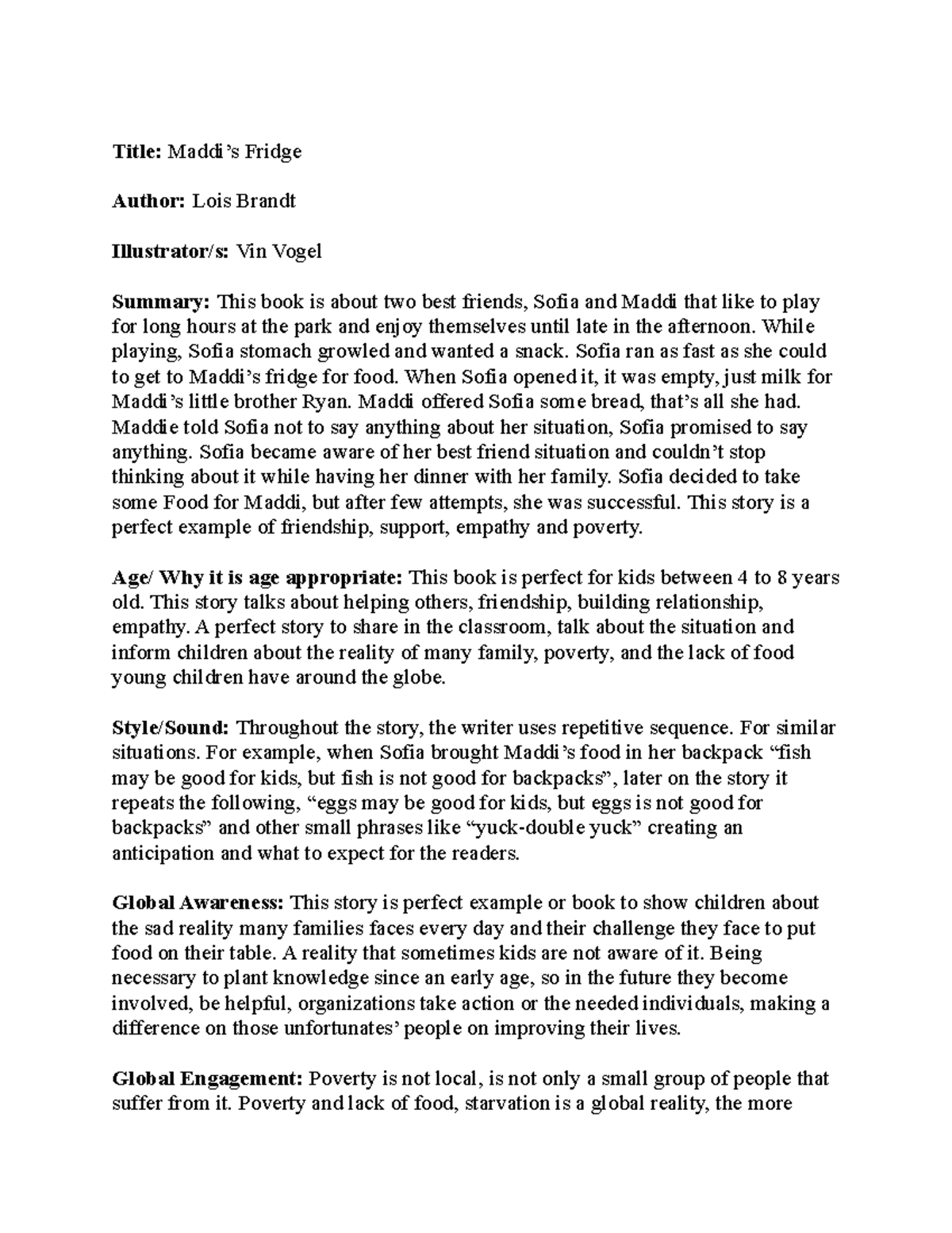 Book 9 - Book study - Title: Maddi’s Fridge Author: Lois Brandt ...