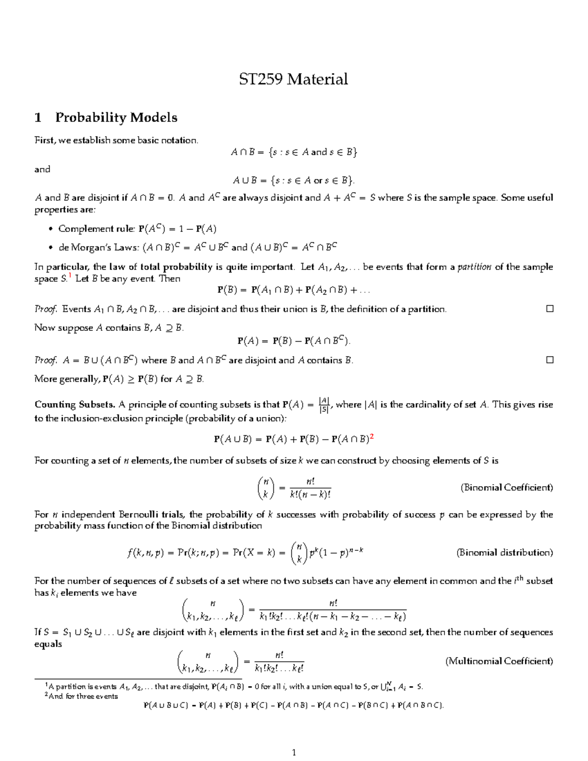 ST259 material - Probability - ST259 Material 1 Probability Models ...