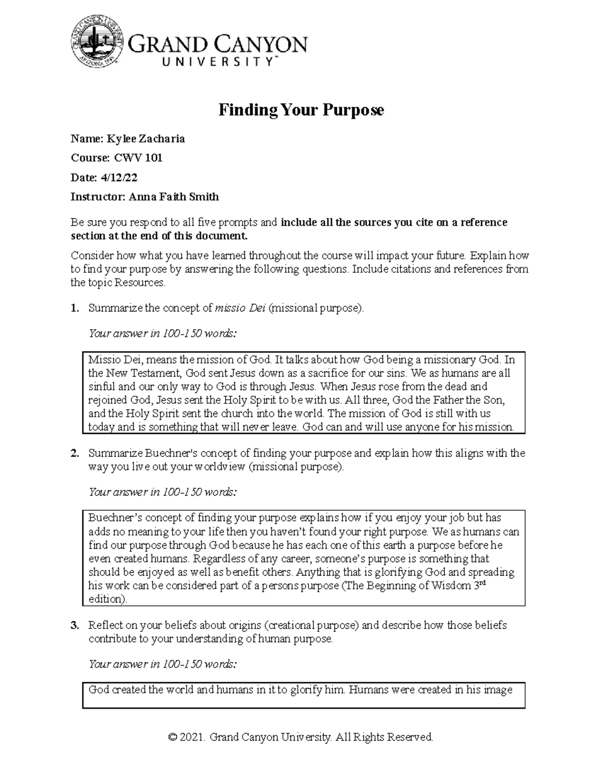 Finding Your Purpose 1 - CWV-301 - GCU - Studocu