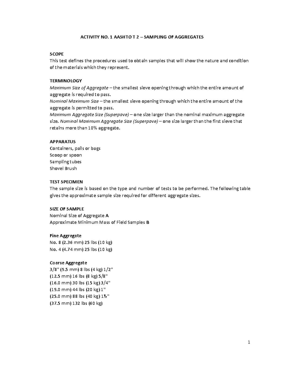 Activity 1 Sampling OF Aggregates - 1 ACTIVITY NO. 1 AASHTO T 2 ...
