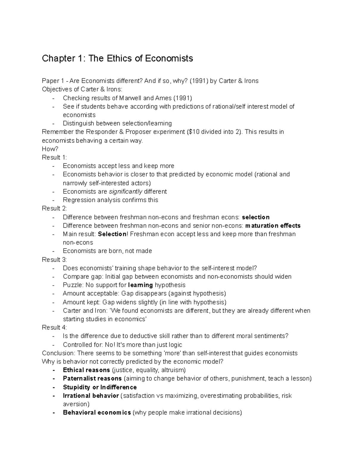 Economics & Ethics - Summary of all 4 chapters - Chapter 1: The Ethics ...