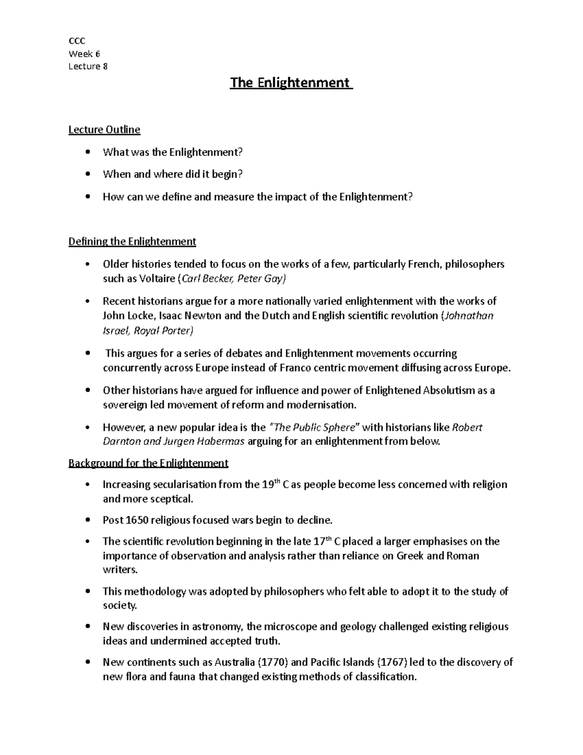 Lecture 7 (The Enlightenment) - Week 6 Lecture 8 The Enlightenment ...
