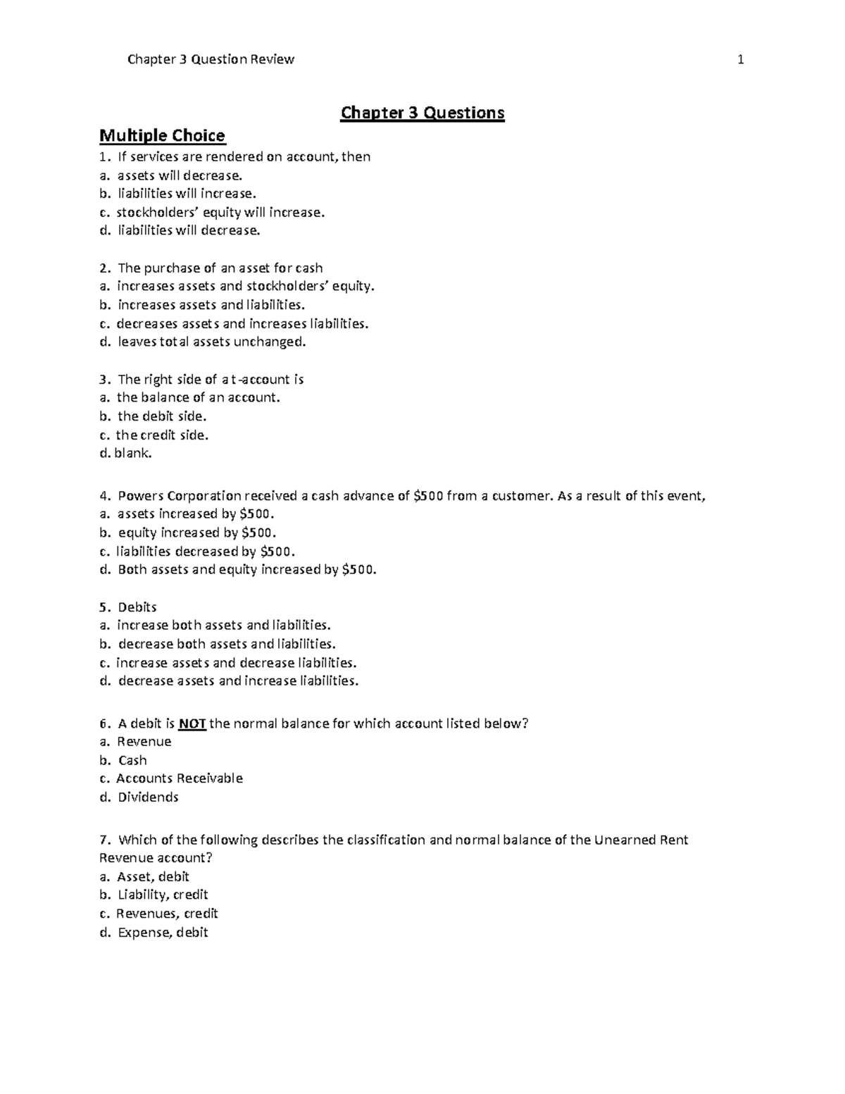 Chapter 3 Question Review - Chapter 3 Questions Multiple Choice If ...