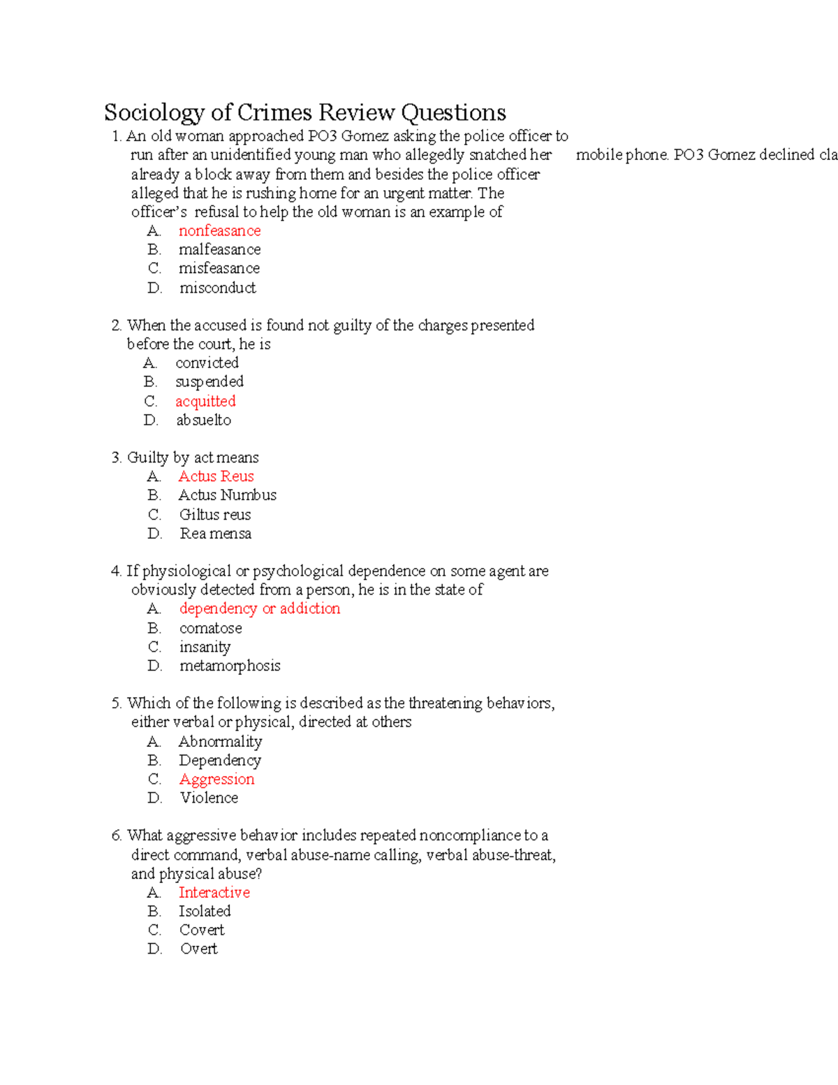 Sociology of Crimes Review Questions - PO3 Gomez declined clai already ...