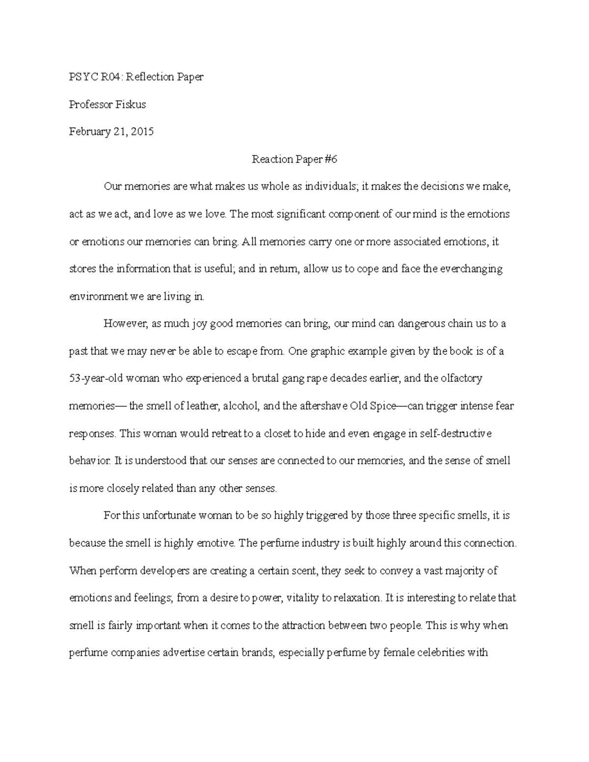 PSYC Reaction Paper #6 - Notes - PSYC R04: Reflection Paper Professor ...