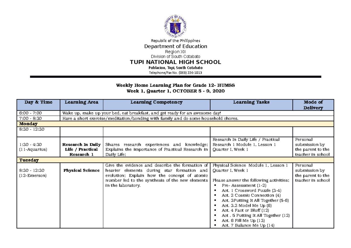 Weekly Home Learning Plan - Republic of the Philippines Department of ...